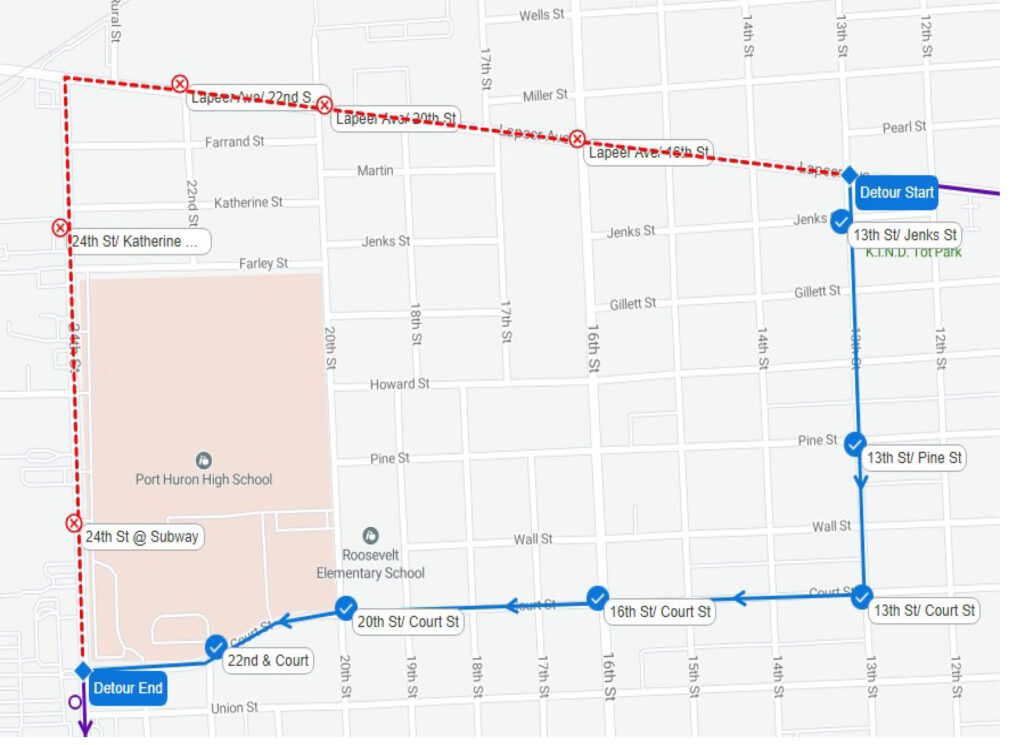 Route 2 detour during construction on Lapeer Ave – Blue Water Area Transit