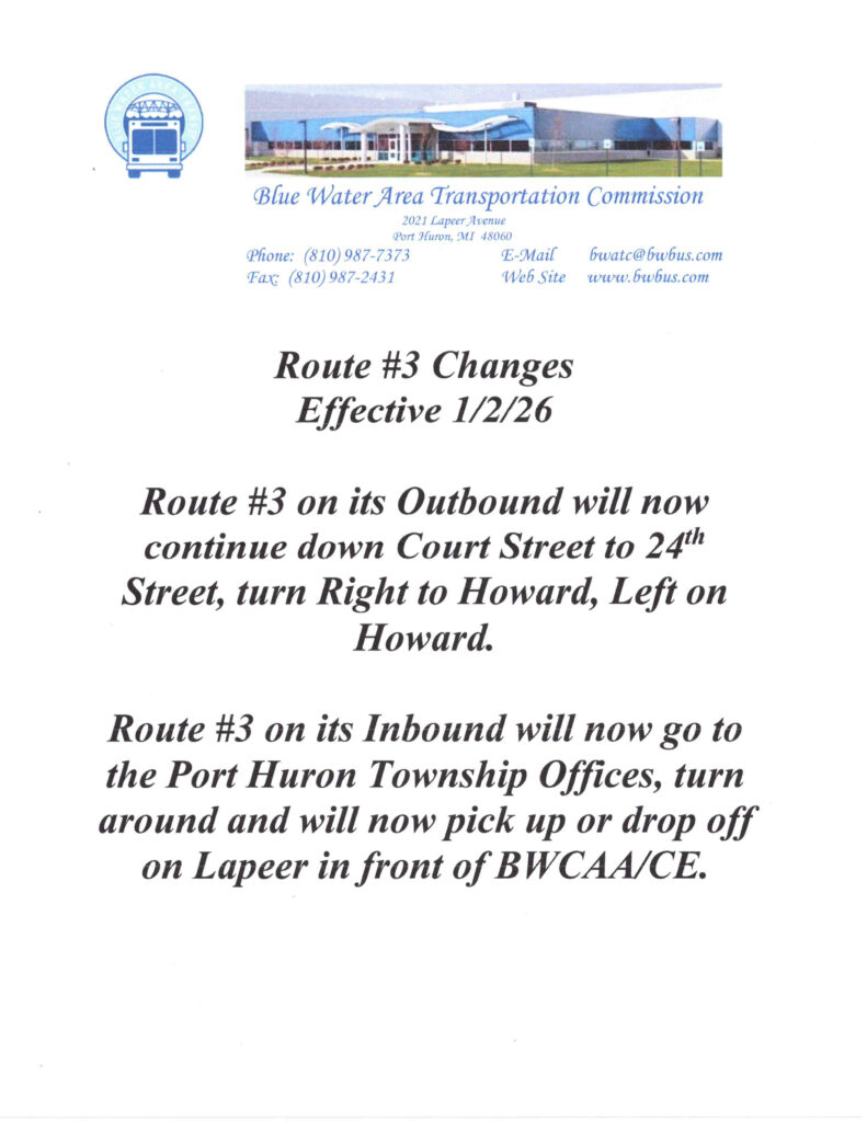 Upcoming changes to Route #3 – Blue Water Area Transit